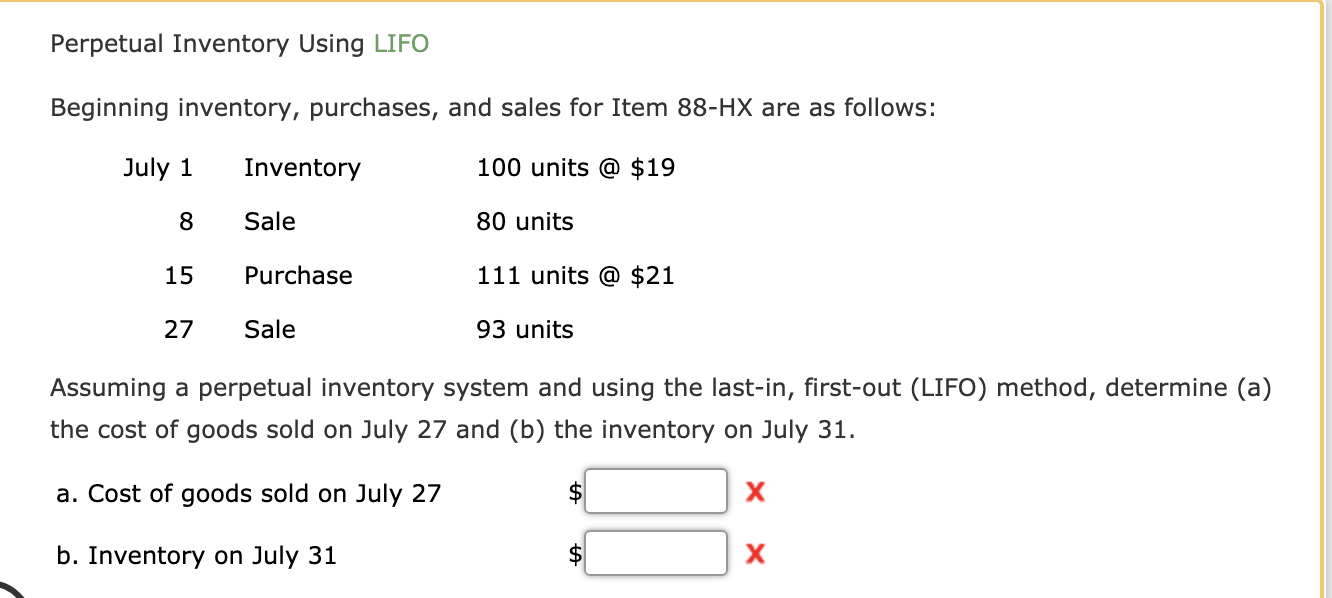 Solved Perpetual Inventory Using LIFO Beginning inventory, | Chegg.com