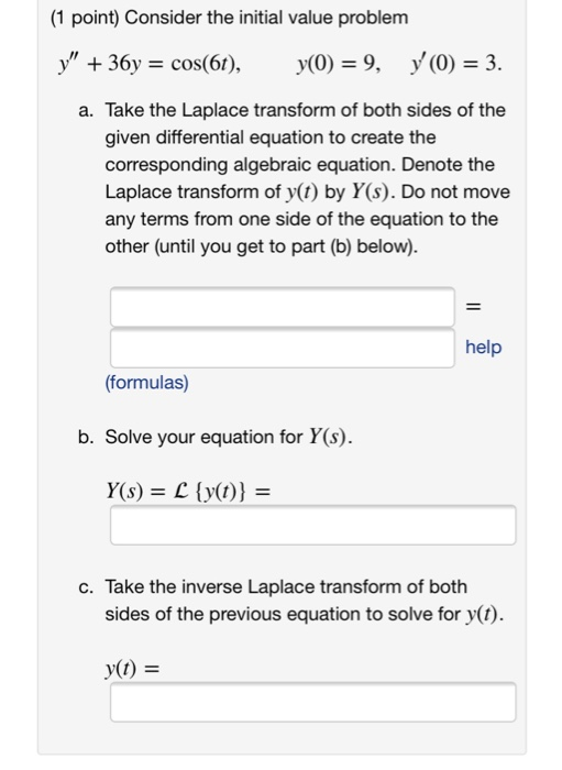 Solved (1 point) Consider the initial value problem y" +36y | Chegg.com