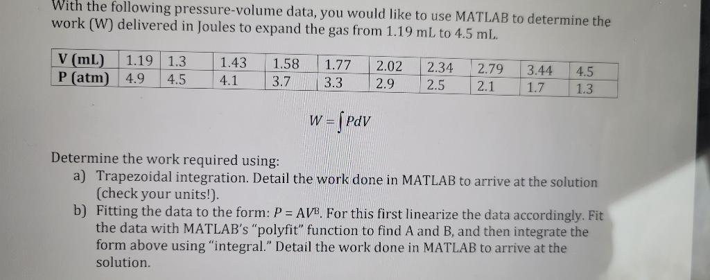Solved With the following pressure-volume data, you would | Chegg.com
