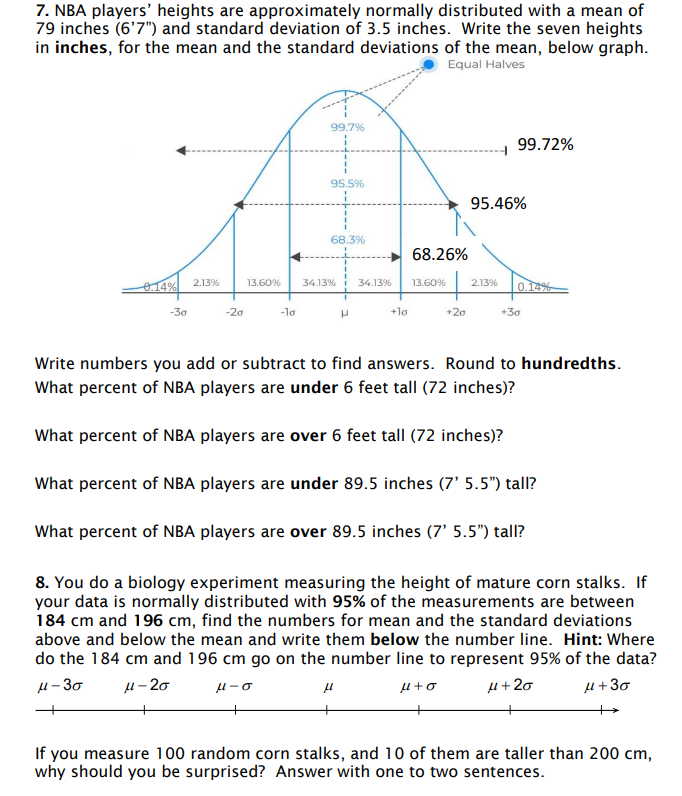 Solved 7. NBA players' heights are approximately normally | Chegg.com