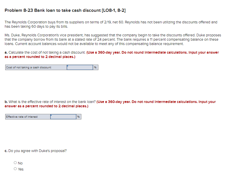 Solved Problem 8-23 Bank loan to take cash discount [LO8-1, | Chegg.com