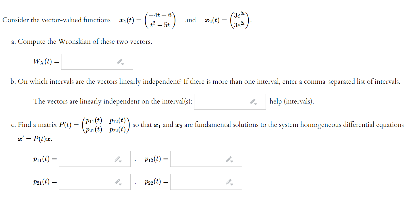 Solved Consider the vector-valued functions #u(t) = ( -4t + | Chegg.com