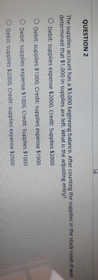 Solved QUESTION 2 The supplies account has a $3,000 | Chegg.com