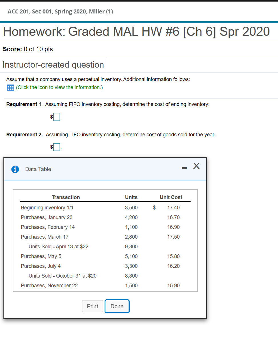 Solved ACC 201, Sec 001, Spring 2020, Miller (1) Homework: | Chegg.com