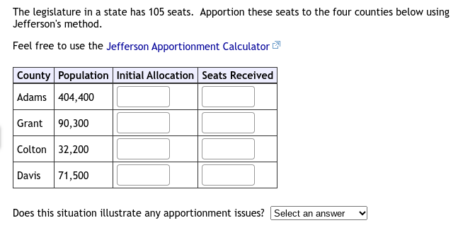 The legislature in a state has 105 ﻿seats. Apportion | Chegg.com
