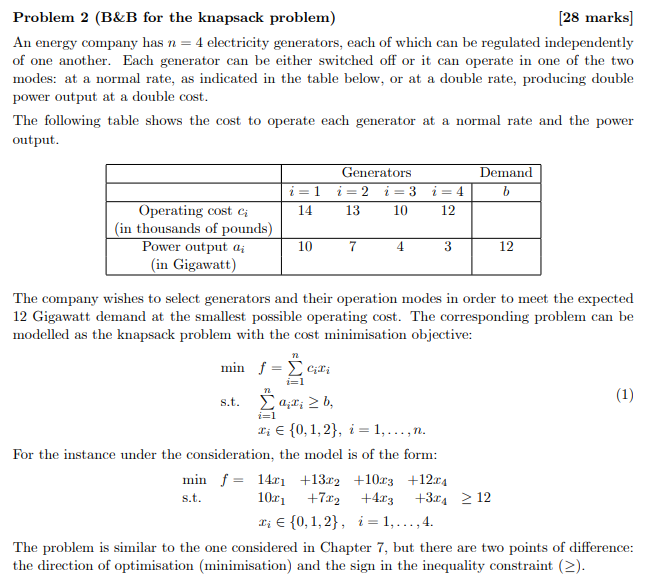 Problem 2 (B&B for the knapsack problem) [28 marks) | Chegg.com