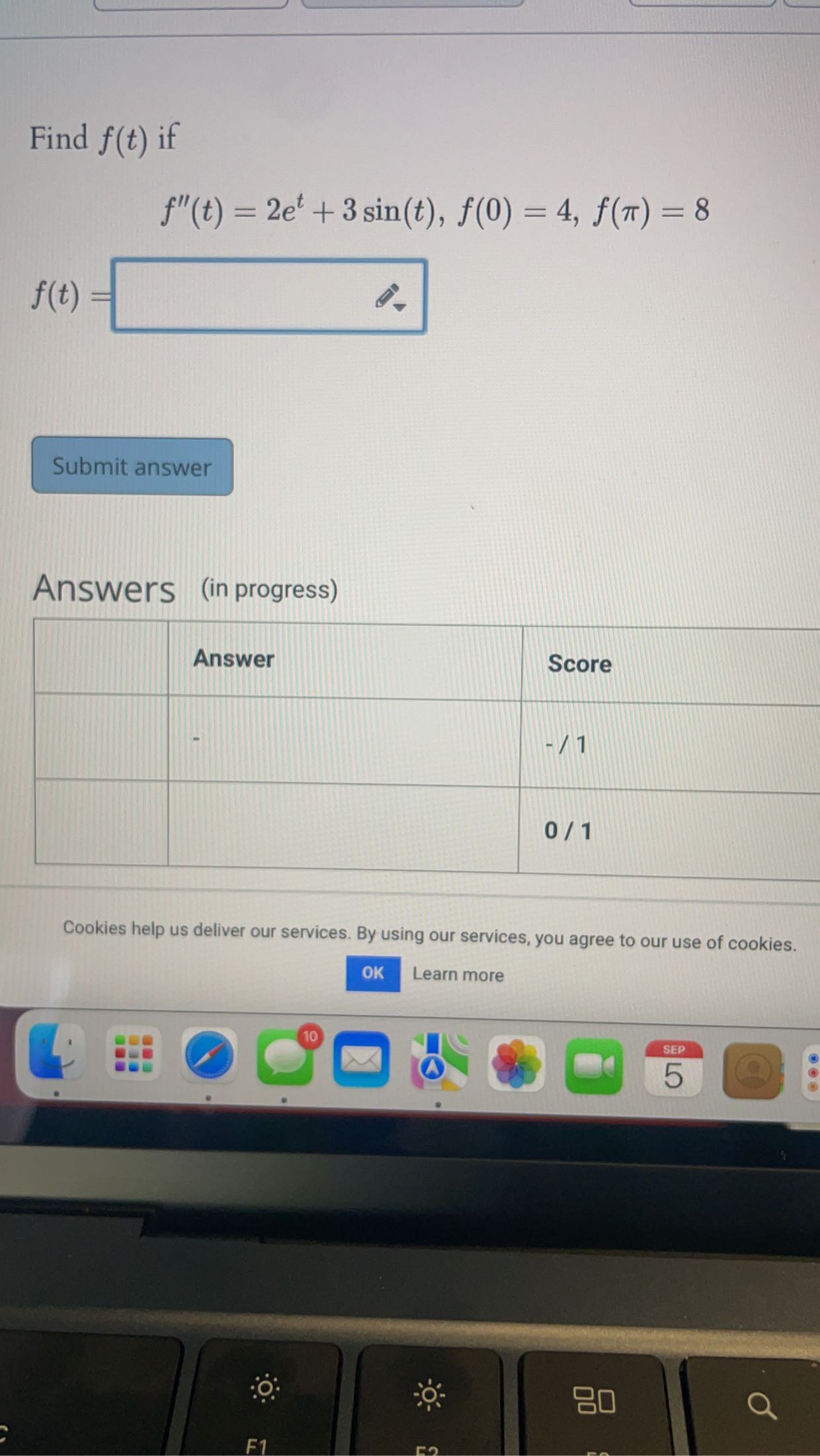 Solved Find f(t) if f′′(t)=2et+3sin(t),f(0)=4,f(π)=8 f(t)= | Chegg.com