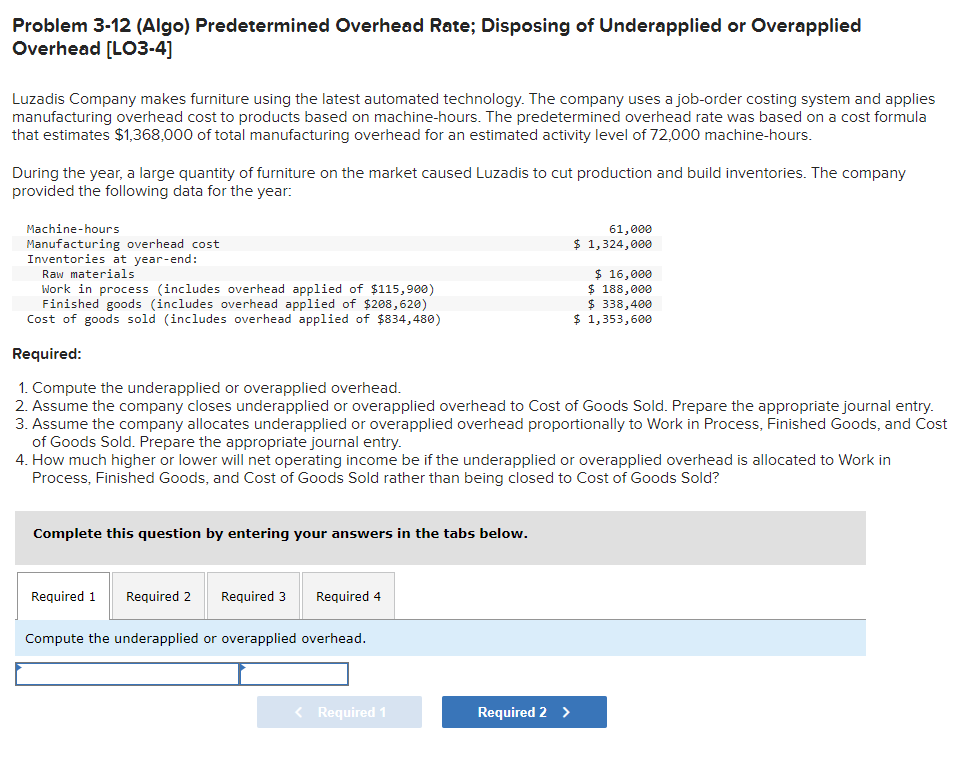 Solved Problem 3-12 (Algo) Predetermined Overhead Rate; | Chegg.com