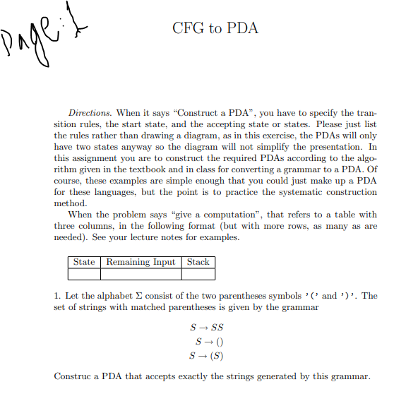 Solved CFG to PDA Page 1 Directions. When it says "Construct | Chegg.com