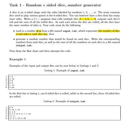 Solved Task 1 - Random n sided dice, number generator A dice | Chegg.com