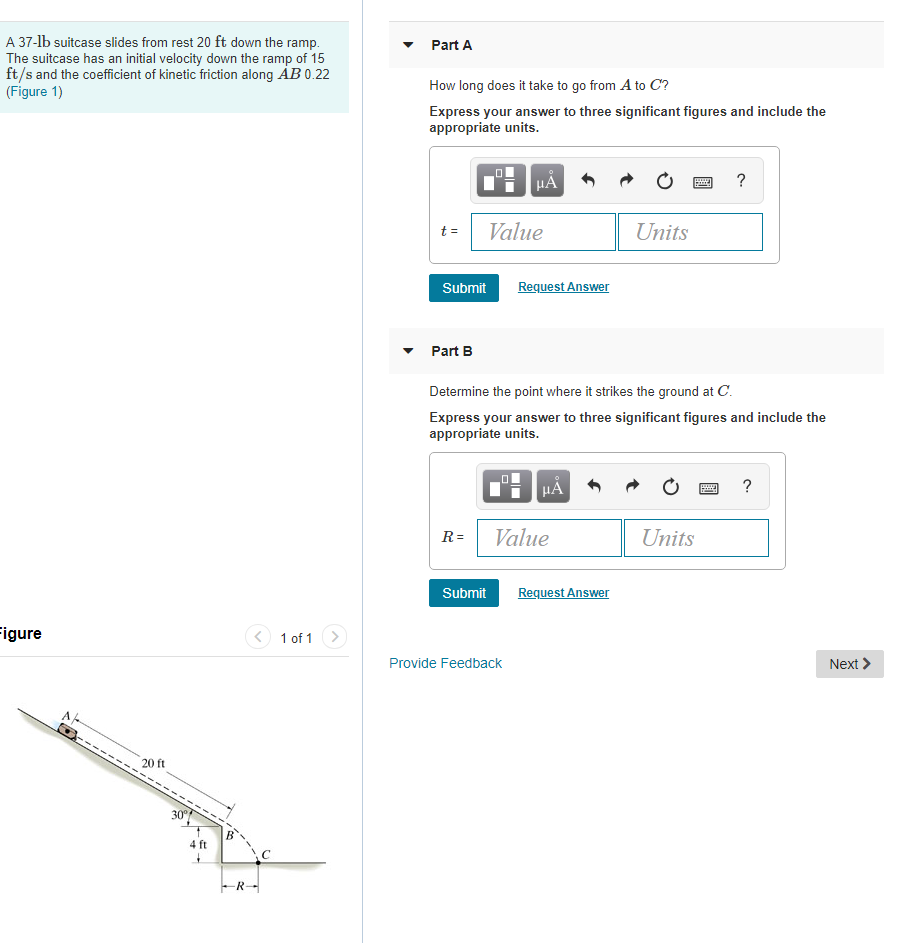 Solved A 37-lb suitcase slides from rest 20 ft down the ramp | Chegg.com