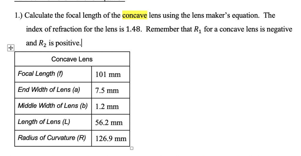 Solved 1.) Calculate the focal length of the concave lens | Chegg.com