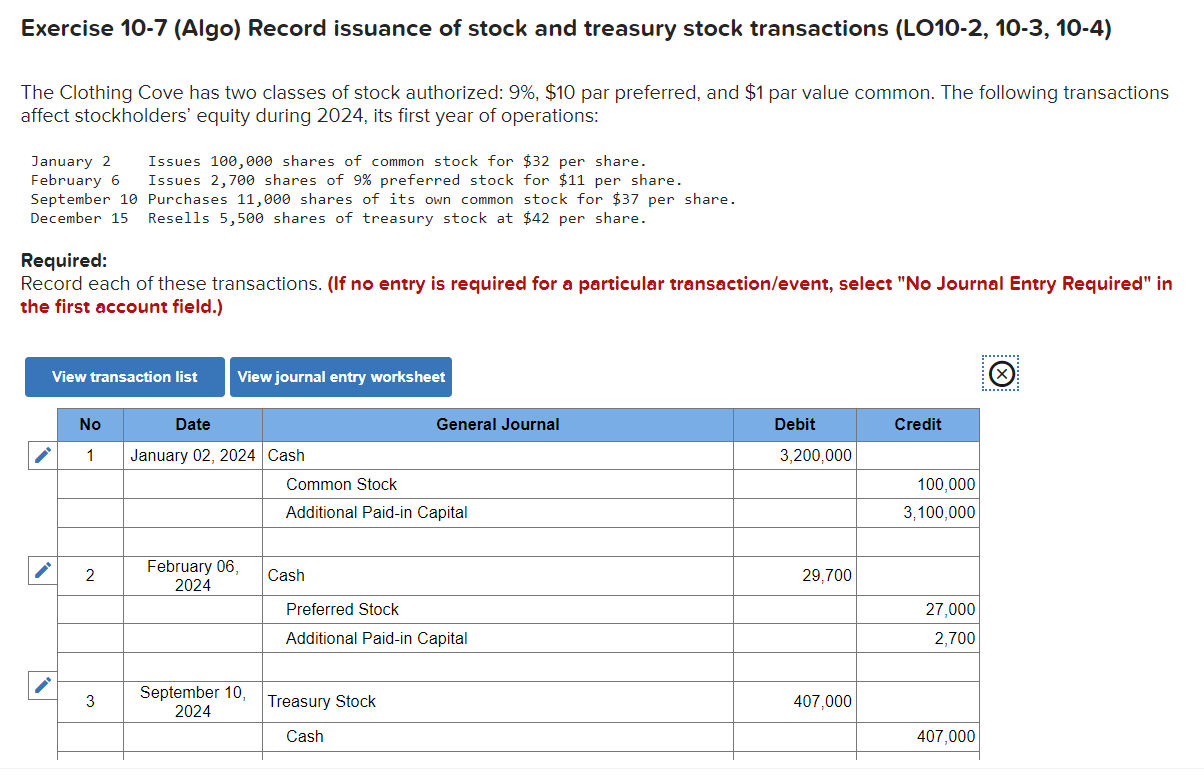 Solved Exercise 10-7 (Algo) Record issuance of stock and | Chegg.com
