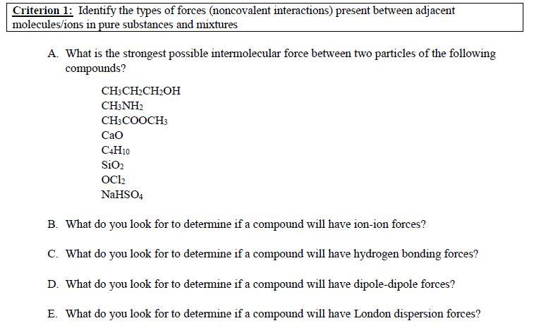 Solved riterion 1: Identify the types of forces (noncovalent | Chegg.com