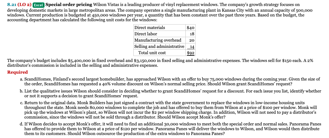 Solved 20 8.21 (LO 2) Excel Special order pricing Wilson | Chegg.com