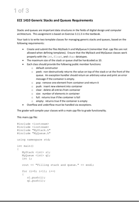 Solved 1 of 3 ECE 1410 Generic Stacks and Quues Requirements | Chegg.com