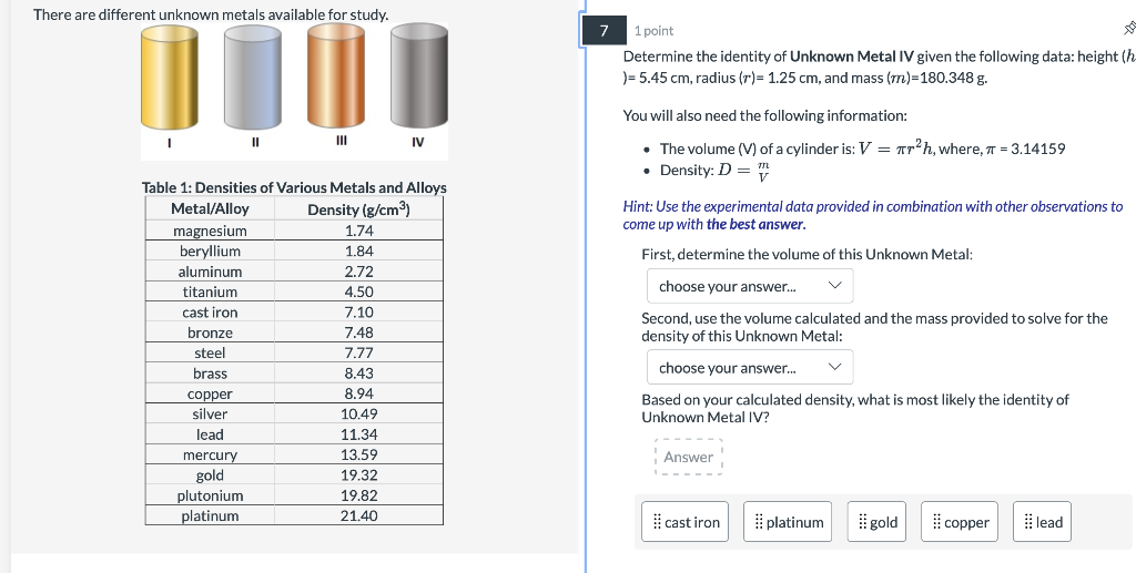 Solved There are different unknown metals available for | Chegg.com
