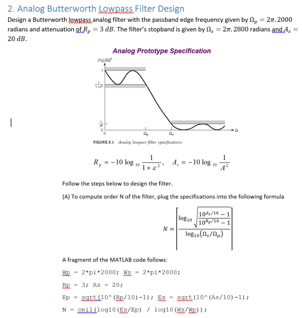Solved 2. Analog Butterworth Lowpass Filter Design Design a | Chegg.com