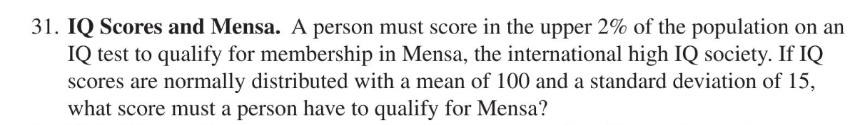 Solved 31. IQ Scores and Mensa. A person must score in the | Chegg.com