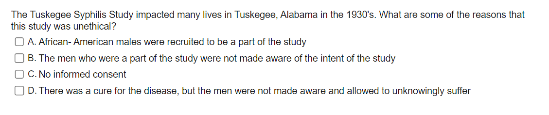 Solved The Tuskegee Syphilis Study impacted many lives in | Chegg.com