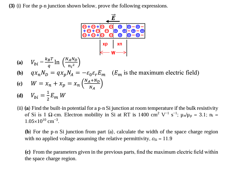 Solved (i) ﻿For the p-n junction shown below, prove the | Chegg.com