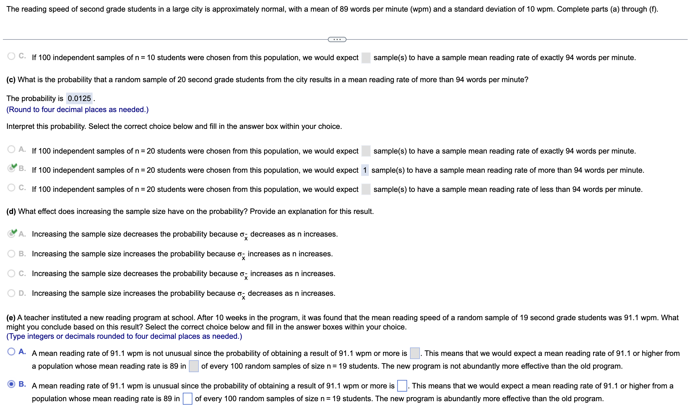 Solved please answer part eC. ﻿If 100 ﻿independent samples | Chegg.com