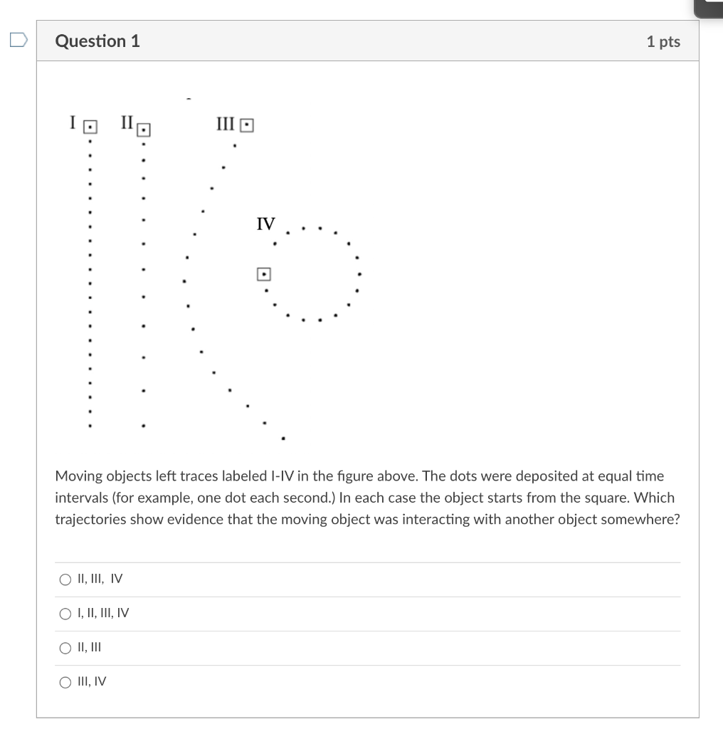 Solved Question 1 1 pts III IV Moving objects left traces | Chegg.com