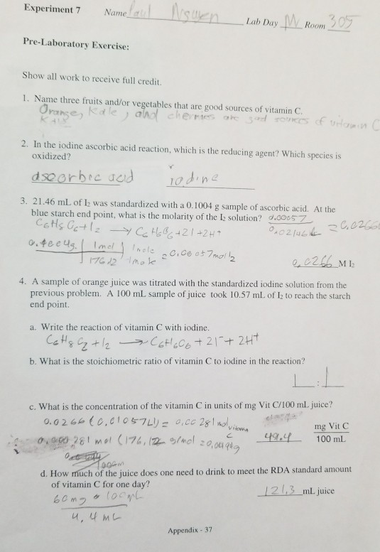 Experiment 7 Name s Lab Day Room Pre-Laboratory | Chegg.com