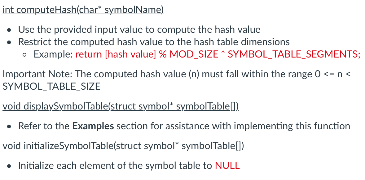 Solved int computeHash(char* symbolName). - Use the provided | Chegg.com