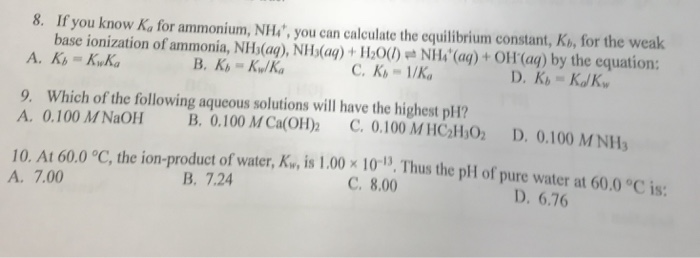 Solved If you know Ka for ammonium, NH4+, you can calculate | Chegg.com