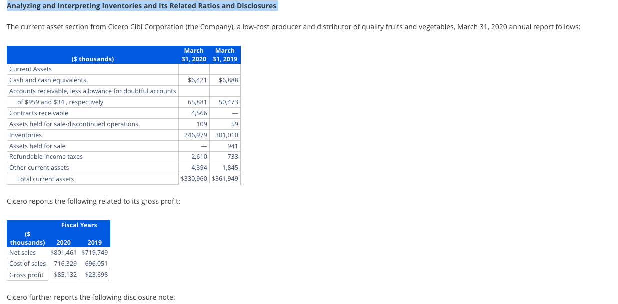 Solved Analyzing and Interpreting Inventories and Its | Chegg.com