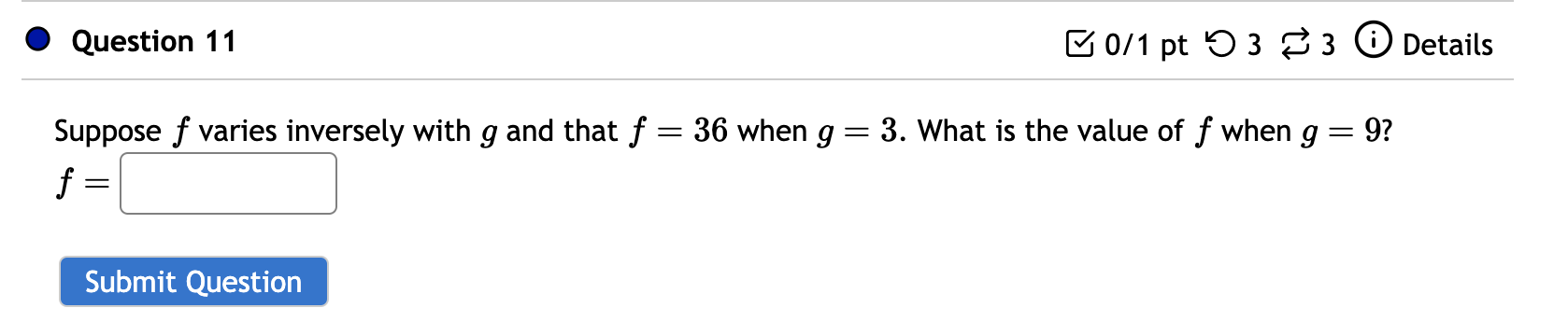 Solved Suppose f varies inversely with g and that f=36 when | Chegg.com