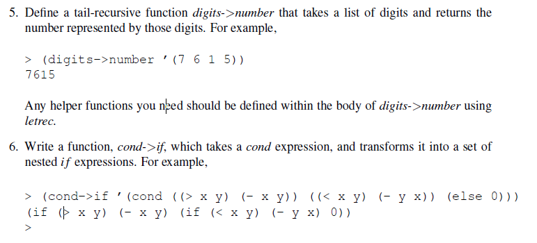 Solved 5. Define a tail-recursive function digits->number | Chegg.com