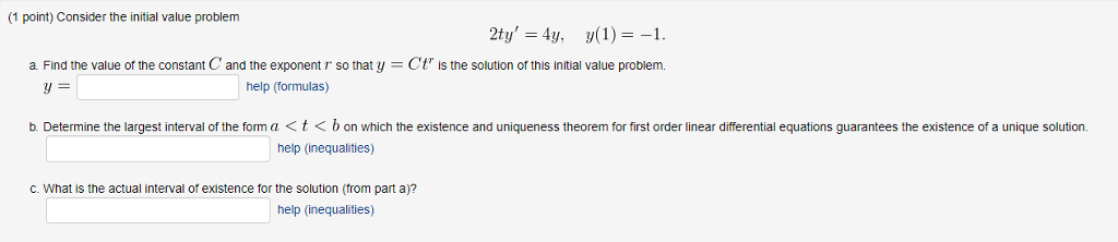 Solved (1 point) Consider the initial value problem 2ty'=4y, | Chegg.com