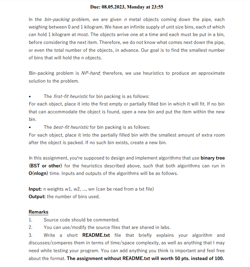 Data StructuresIn the bin-packing problem, we are | Chegg.com