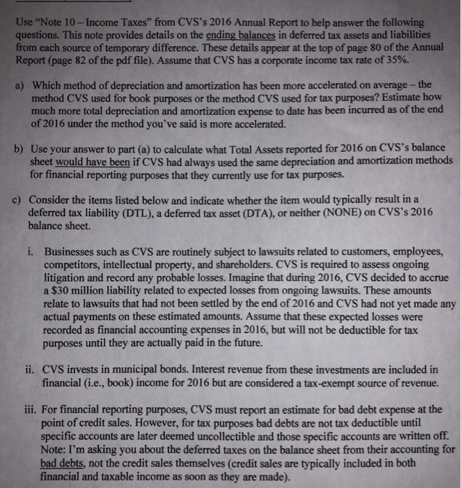 Solved Use "Note 10-Income Taxes" from CVS's 2016 Annual | Chegg.com