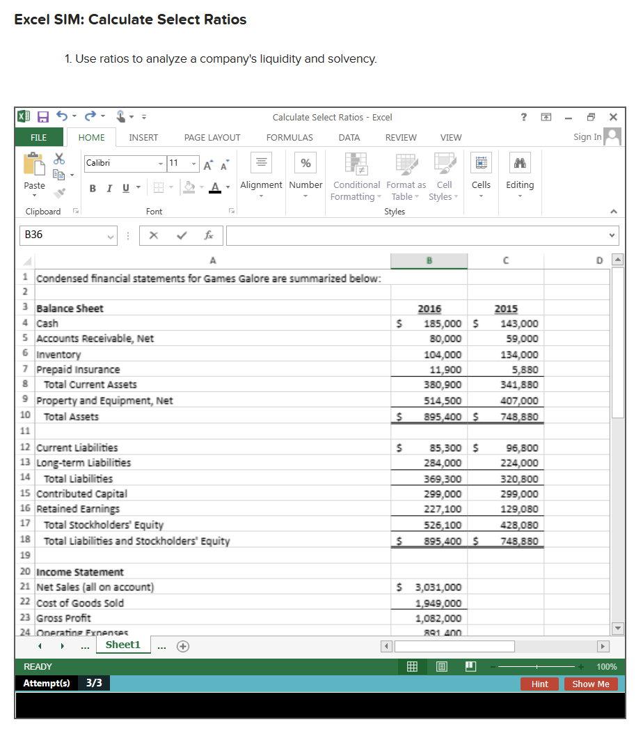 Solved xcel SIM: Calculate Select Ratios 1. Use ratios to | Chegg.com