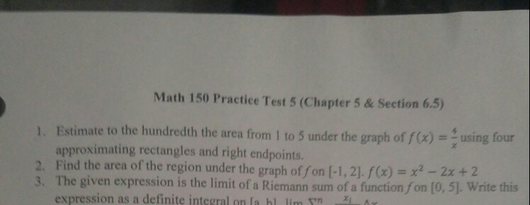 Solved Math 150 Practice Test 5 (Chapter 5 & Section 6.5) 1. | Chegg.com
