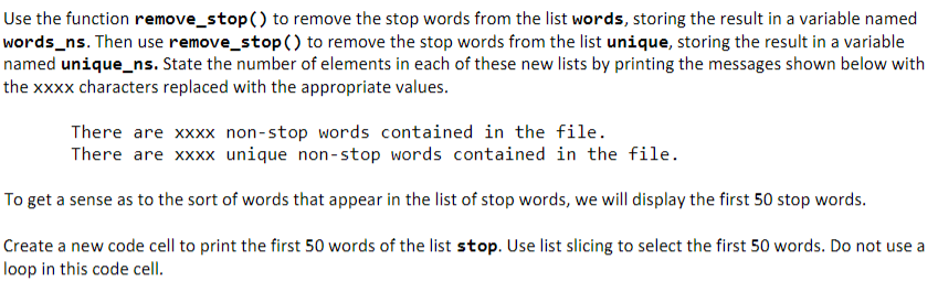 Solved Use the function remove_stop() to remove the stop | Chegg.com