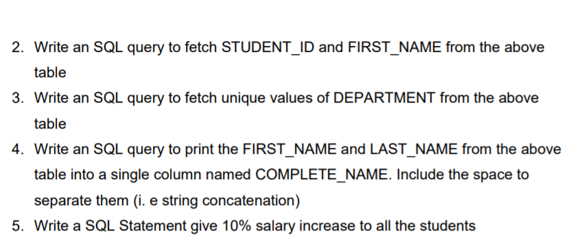 Solved 2. Write an SQL query to fetch STUDENT_ID and | Chegg.com