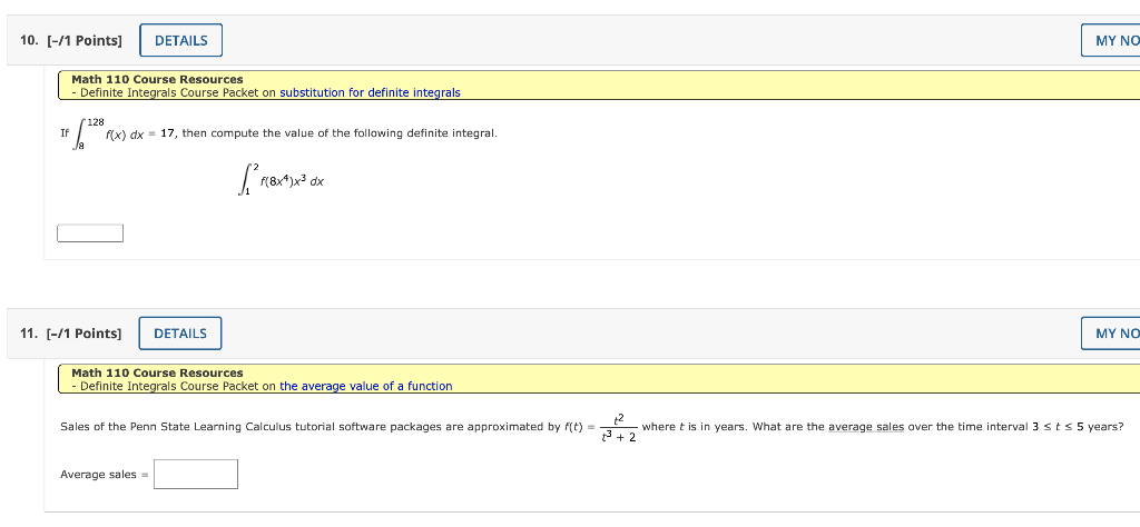 Solved Math 110 Course Resources - Definite Integrals Course | Chegg.com