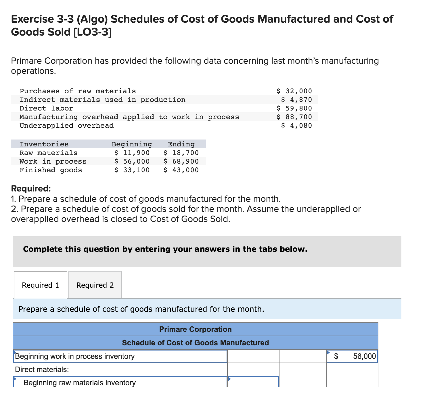 Solved Exercise 3-3 (Algo) Schedules of Cost of Goods | Chegg.com