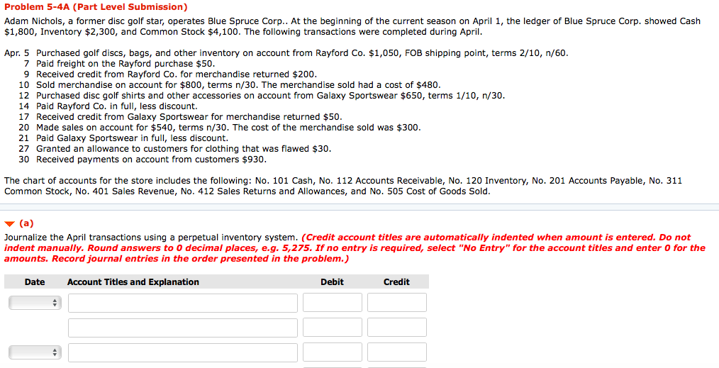 Solved Problem 5-4A (Part Level Submission) Adam Nichols, a | Chegg.com