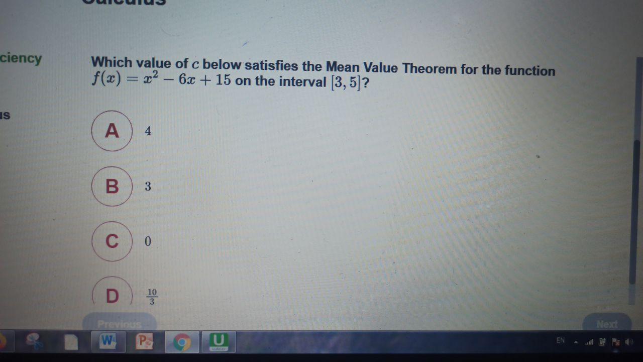 Solved ciency Which value of c below satisfies the Mean | Chegg.com