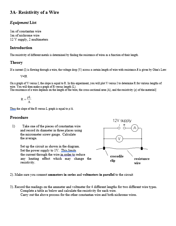 Solved 3A-Resistivity of a Wire Equipment List lm of | Chegg.com