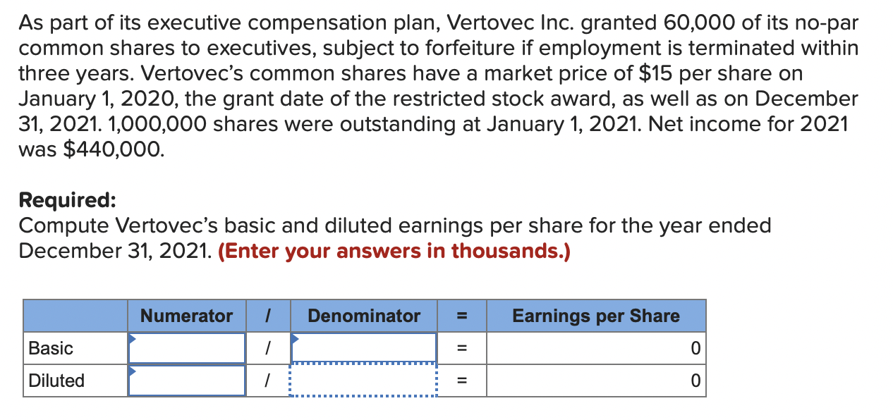 Solved As part of its executive compensation plan, Vertovec | Chegg.com
