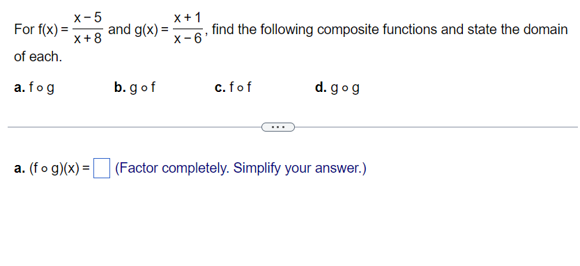 Solved For f(x)=x+8x−5 and g(x)=x−6x+1, find the following | Chegg.com