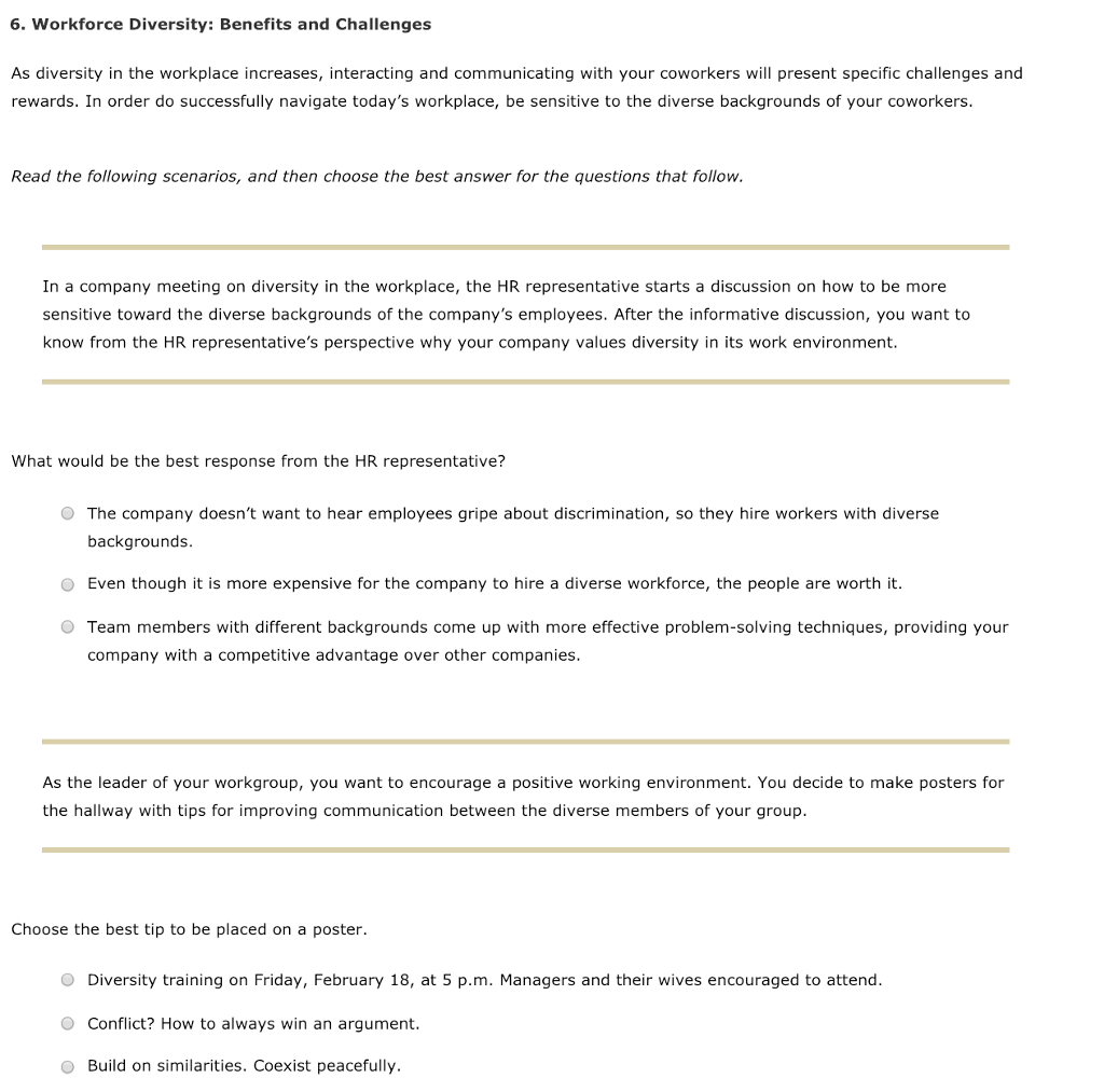 Solved 6. Workforce Diversity: Benefits and Challenges As | Chegg.com
