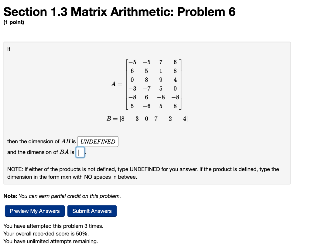 Solved Section 1 3 Matrix Arithmetic Problem 6 1 Point If