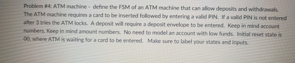 Solved Problem #4: ATM machine-define the FSM of an ATM | Chegg.com